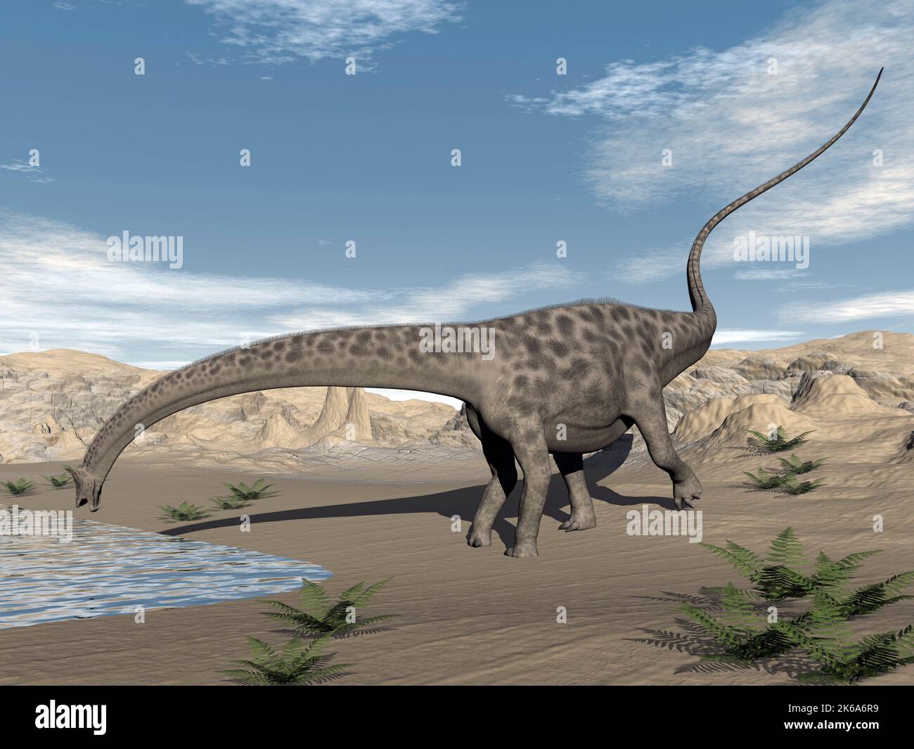 Diplodocus dinosaur drinking water in the desert by day Stock Photo - Alamy