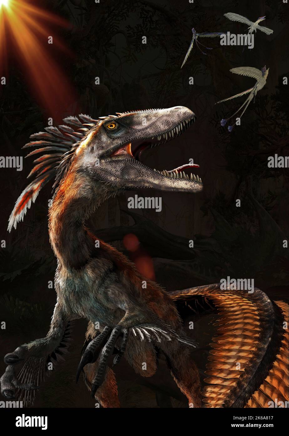 Deinonychus chasing insects above it's head Stock Photo - Alamy