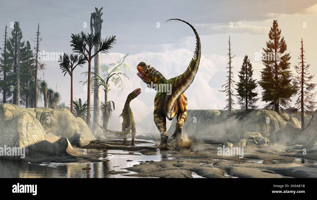 Rajasaurus watching over her young Stock Photo - Alamy