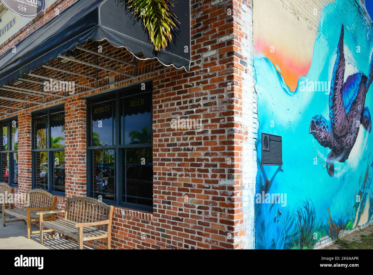 A colorful turtle mural on the old brick building housing the trendy ...