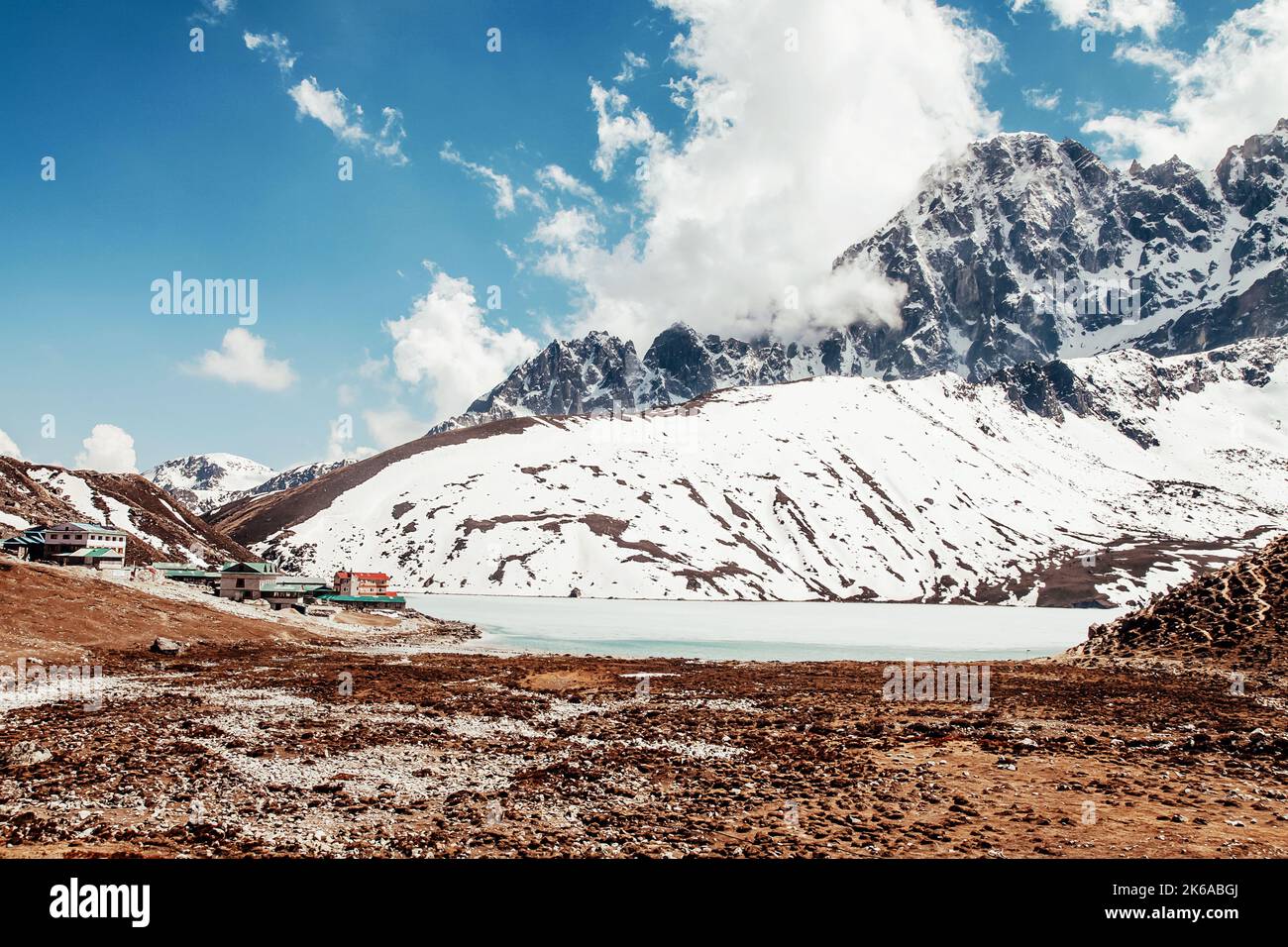 Amazing blue Gokio lake under ice and snow, Nepal, Himalayas Stock ...