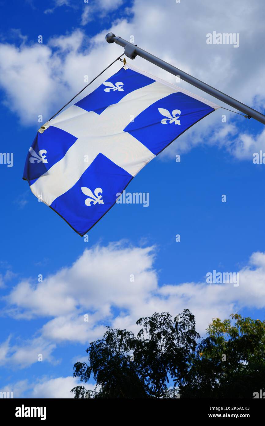 A blue and white Quebec flag with white lily flowers Stock Photo - Alamy