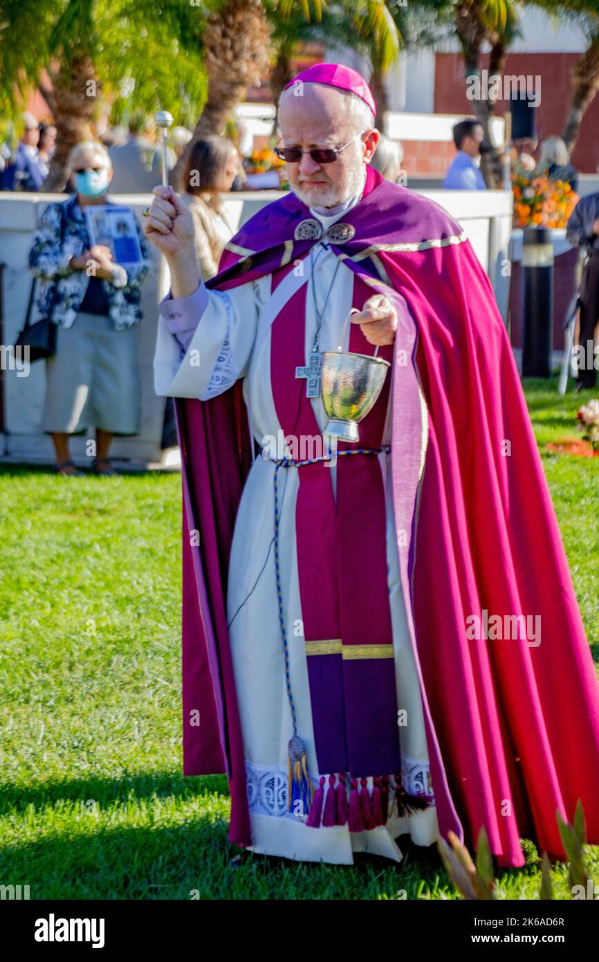 Sprinkling holy water with an aspergillum, a bishop conducts a ...
