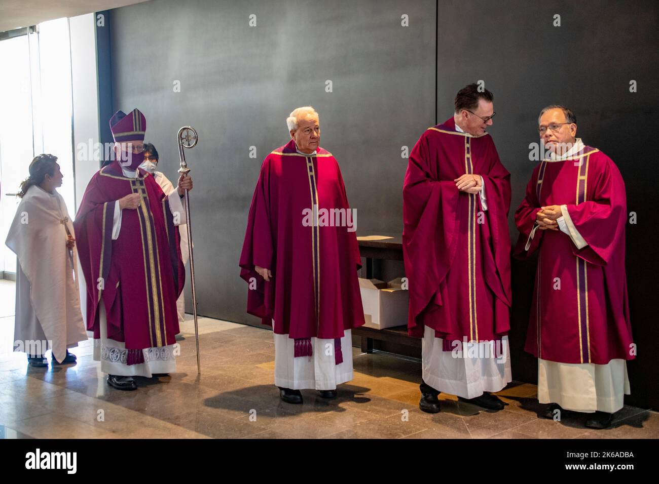Prior to mass in the lobby of a Garden Grove, CA, Catholic cathedral ...