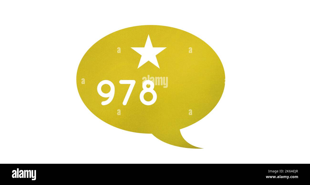 Image of 978 stars in speech bubble over white background. Social media ...