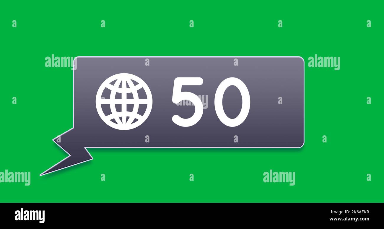 Image of 50 notifications and globe on green background. Social media ...