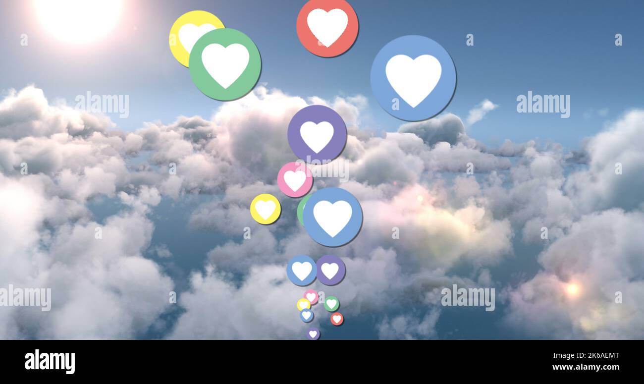 Image of like icons over clouds and sun. Social media, communication ...