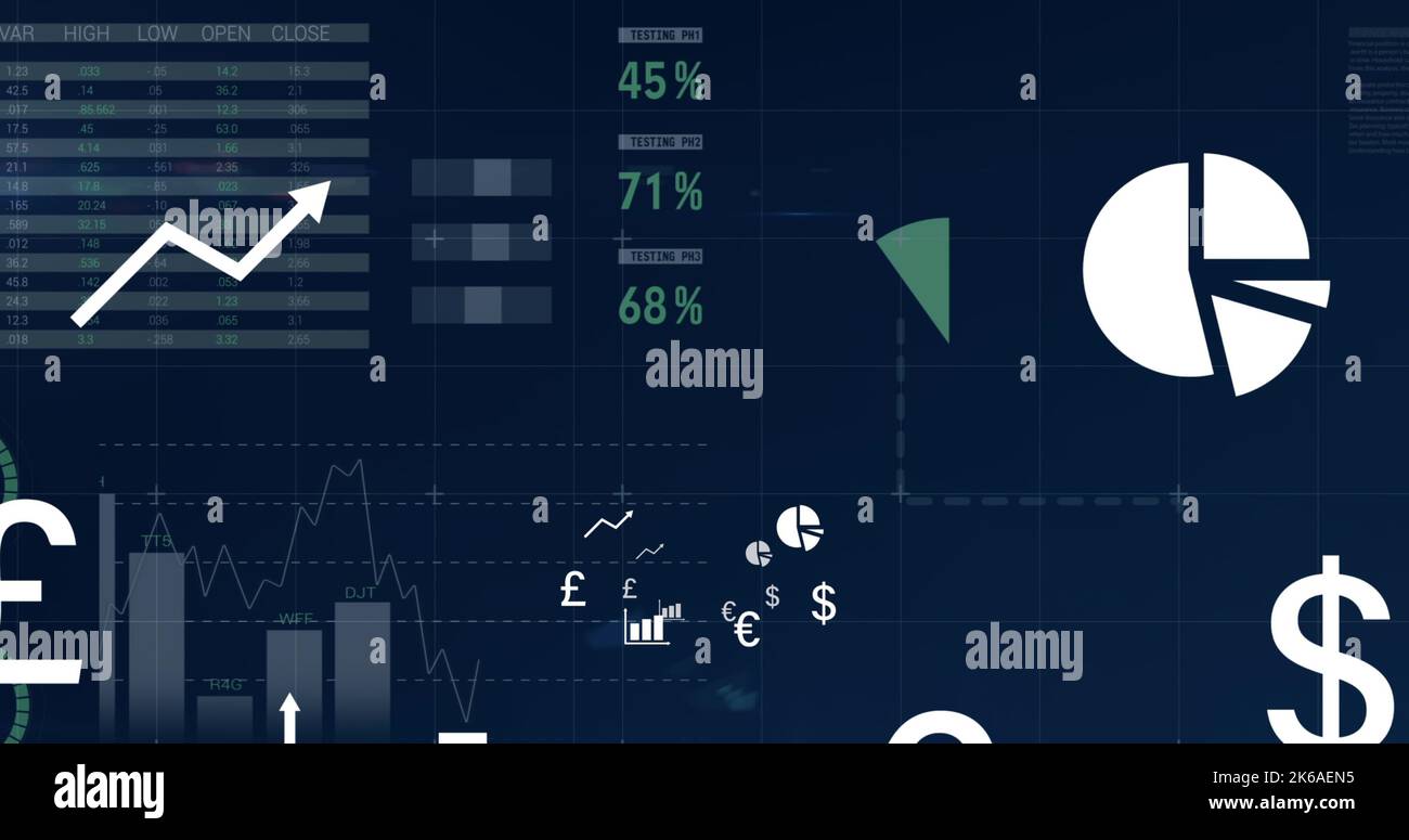 Image of graphs and data on navy background. Global finance, economy ...