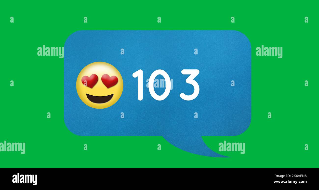 Image of 103 notifications and emoticon over green background. Social ...