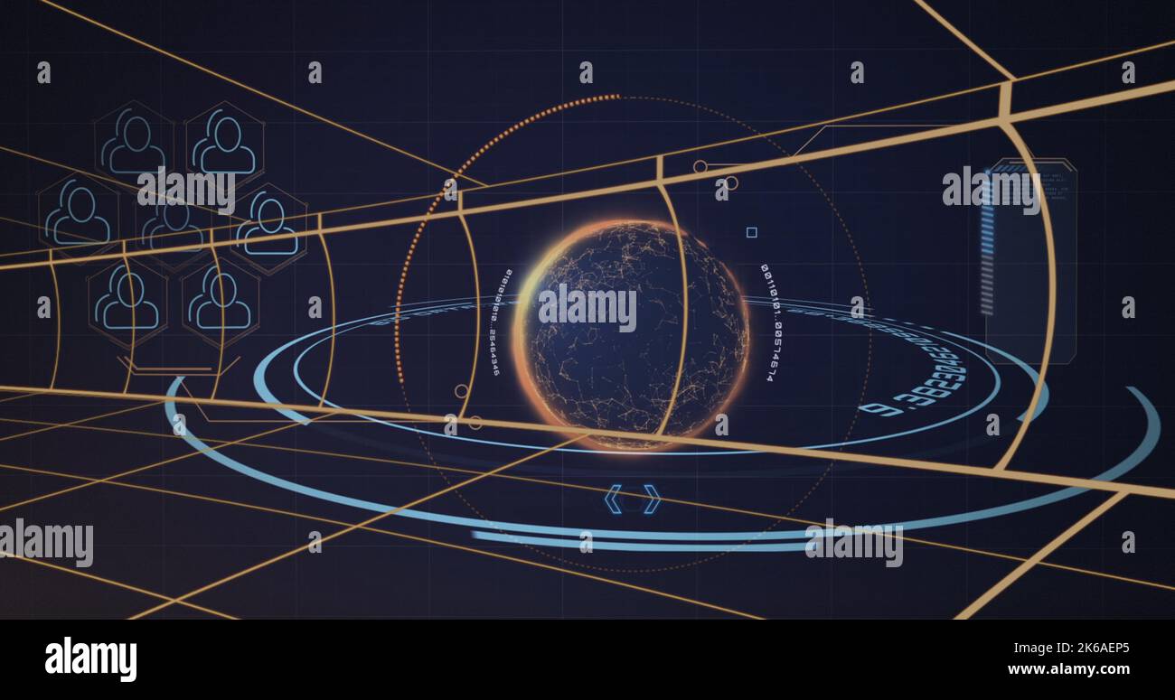 Image of globe and user icons in black digital space. Virtual reality ...