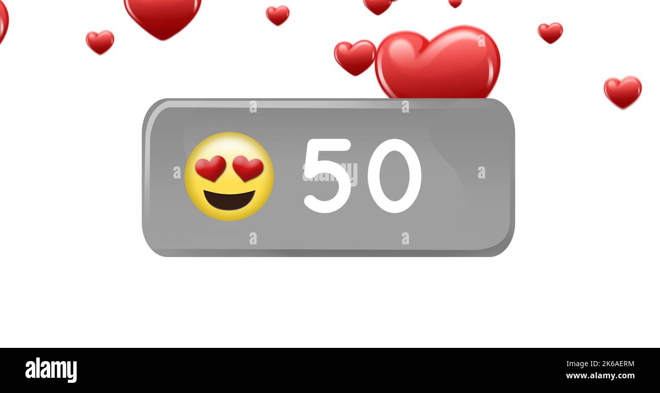 Image of 50 notifications and emoticon on white background with hearts ...