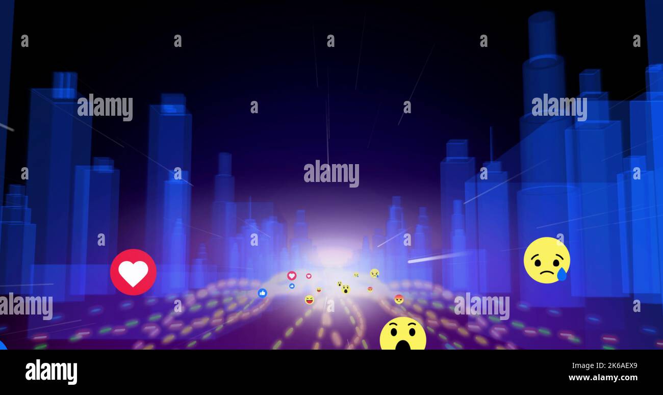 Image of metaverse city in virtual reality with emoticons and light ...