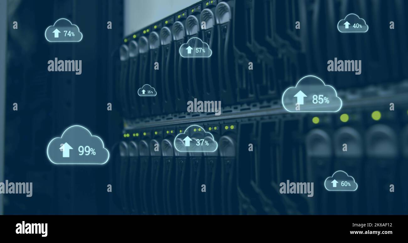 Image of clouds with uploading over servers. Global network, cloud computing, communication and ...