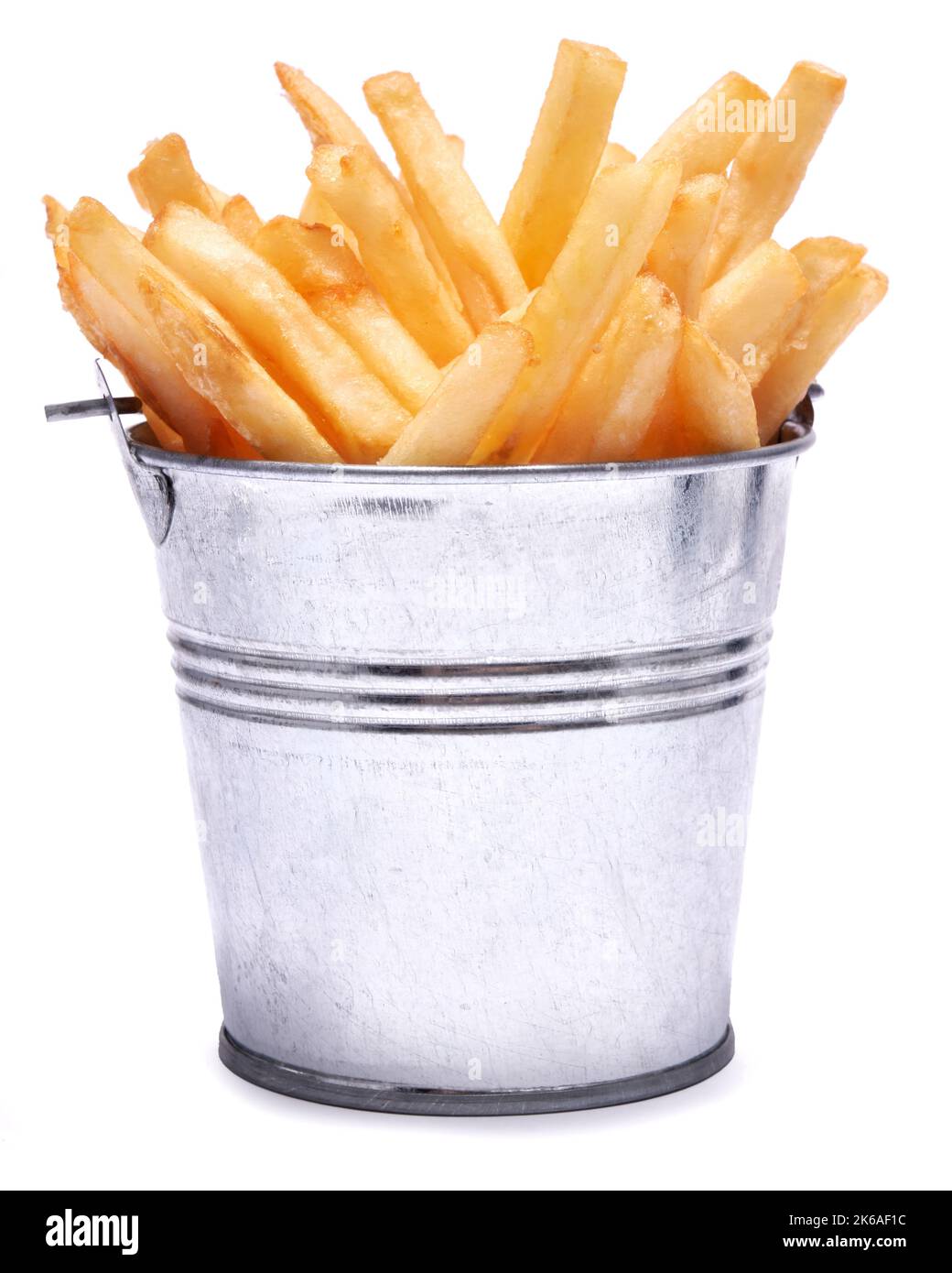 French fries potatoes in stylized metallic bucket isolated on white ...