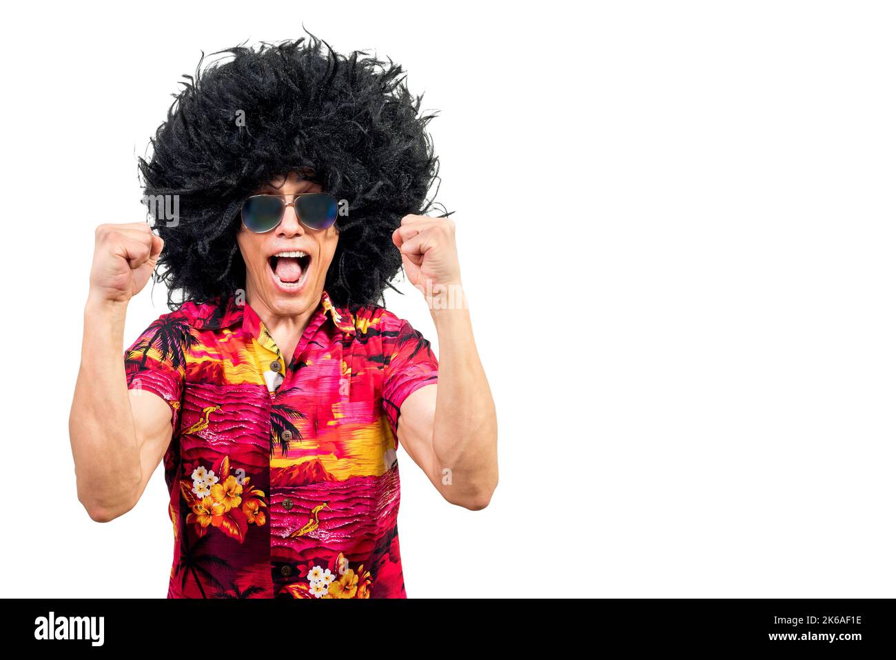 Funny man in Afro wig celebrating success Stock Photo - Alamy