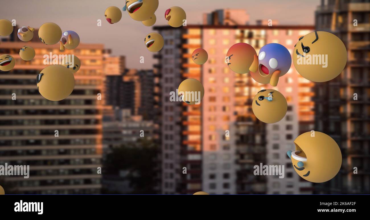 Image of emoticons floating over cityscape. Social media, communication ...