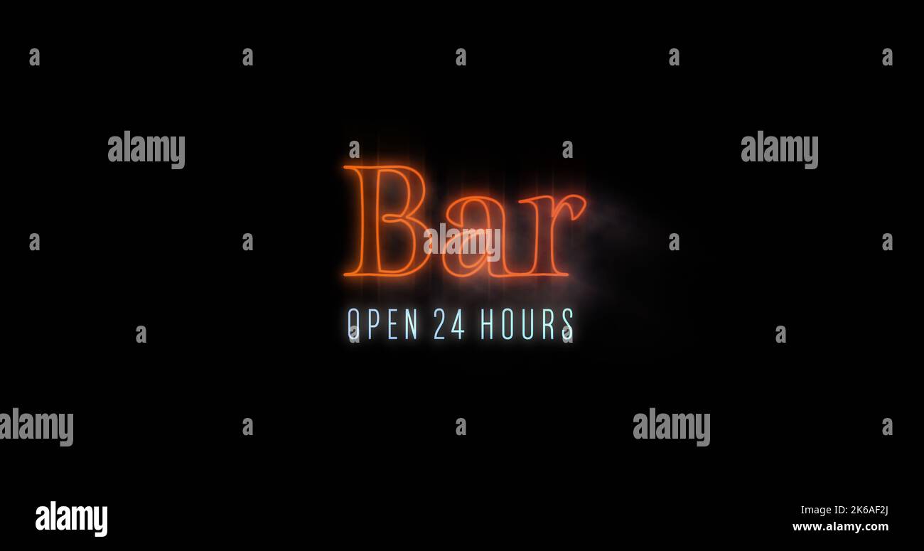 Image of neon bar open 24h on black background. Party, disco ...