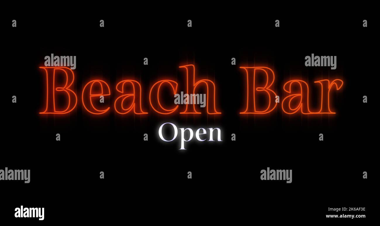 Image of neon beach bar open on black background. Party, disco ...