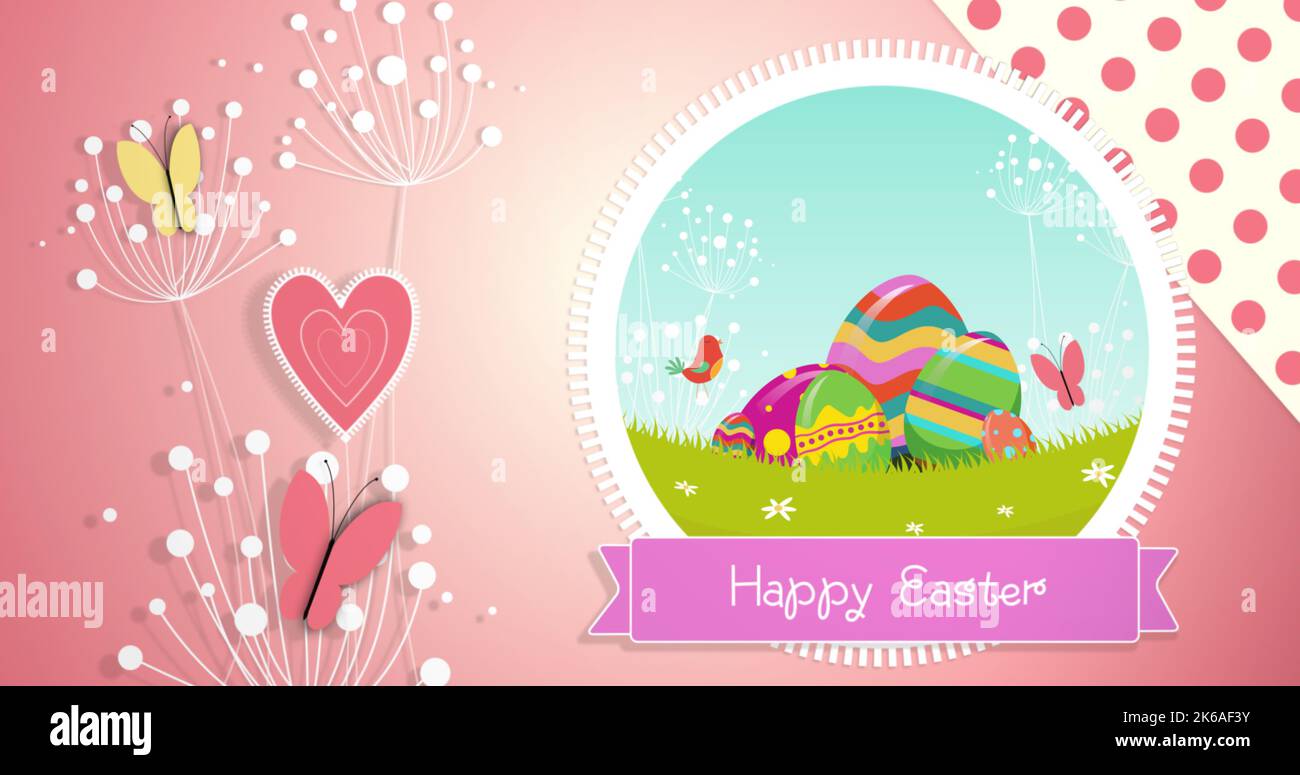 Image of happy easter text over coloured eggs in field on pink ...