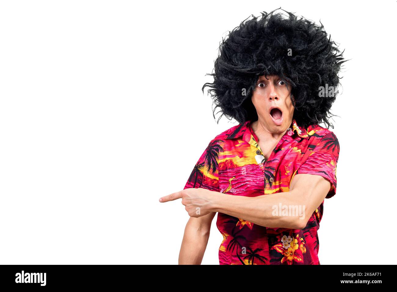 Funny man pointing away with opened mouth Stock Photo - Alamy