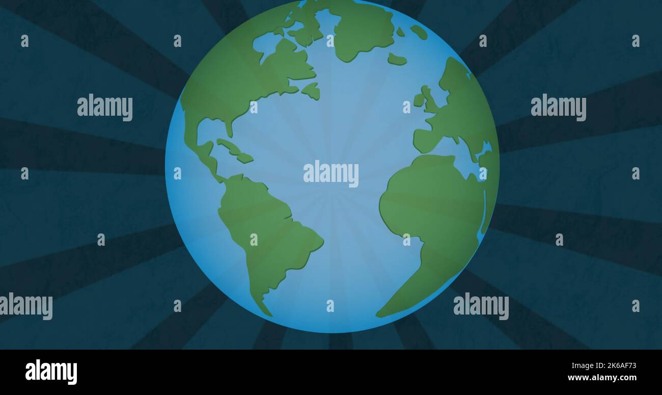 Illustration of globe with sunbeams patterns on blue background, copy ...