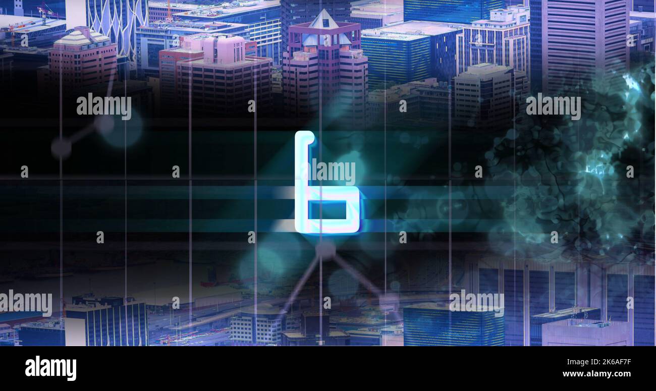 Image of glowing blue digital number six in countdown over cityscape ...