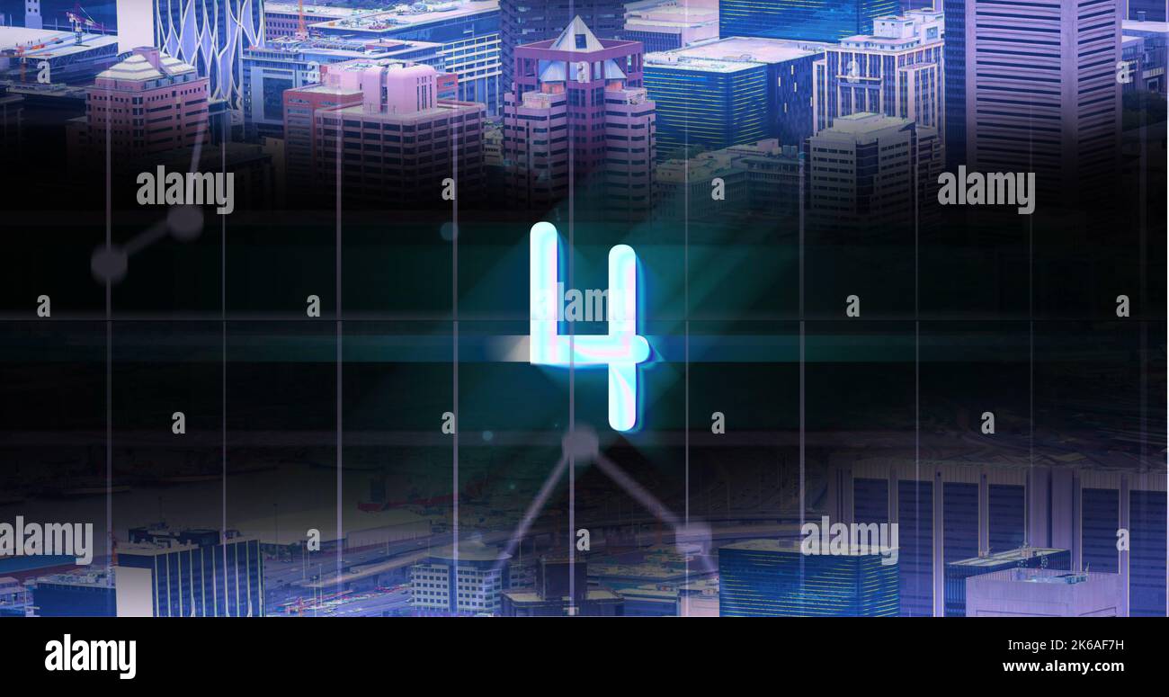 Image of glowing blue digital number four in countdown over cityscape ...