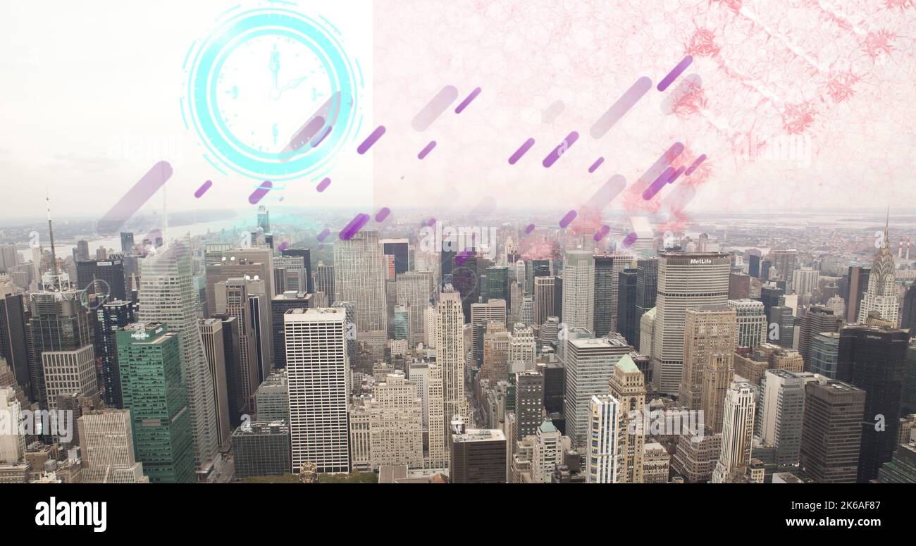 Composite of circle, spherocylinder shapes and dna helix over aerial ...