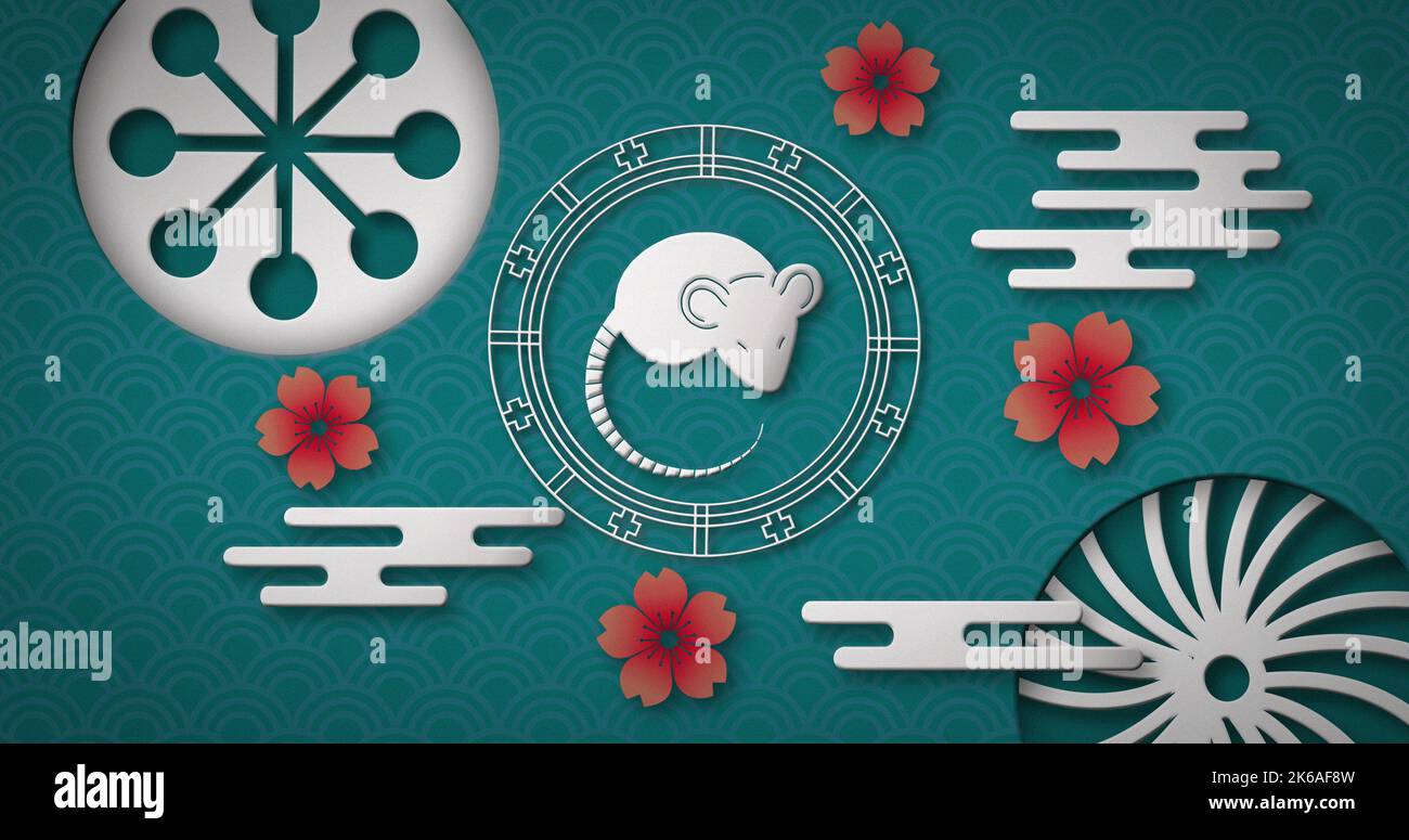 Image of chinese symbolic with mouse, flowers and shapes on green ...
