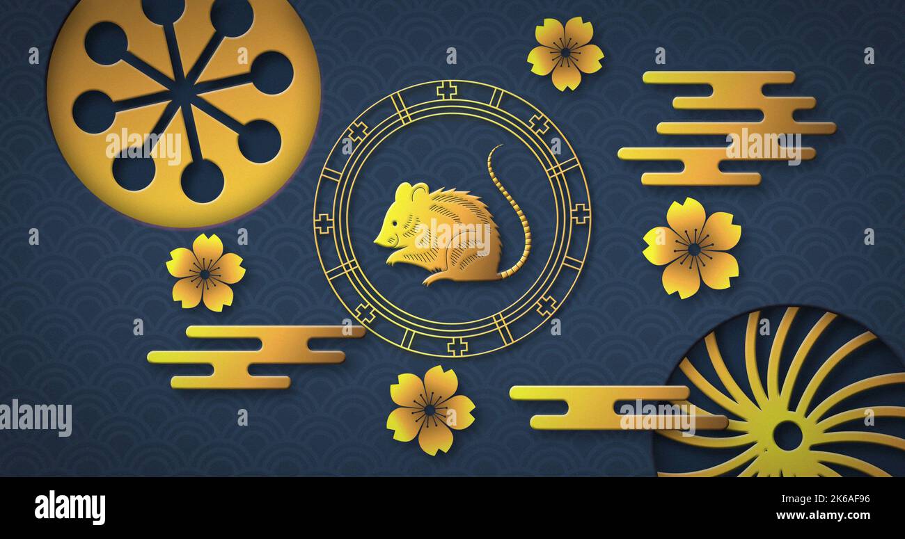 Image of chinese symbolic with mouse, flowers and shapes on navy ...