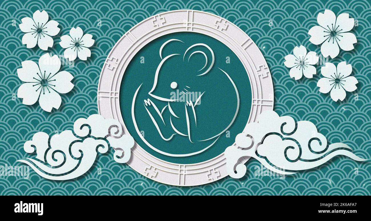 Image of chinese symbolic with mouse, flowers and clouds on green ...