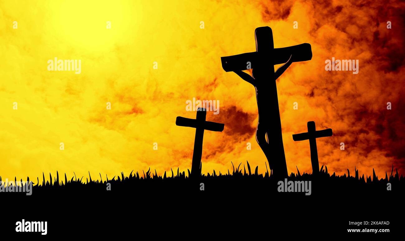 Image of christian crosses over smoke and fire. Christianity, faith ...