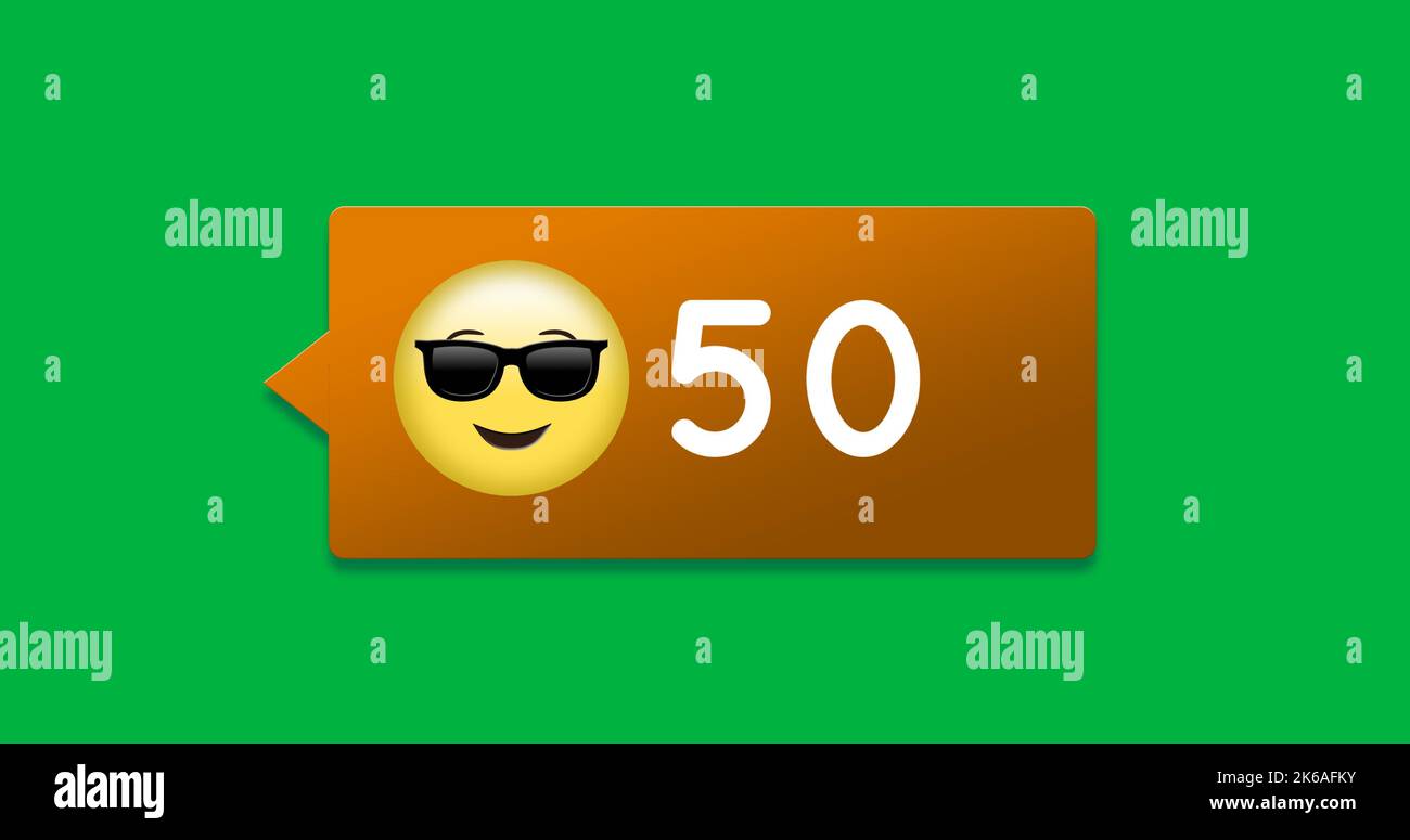Image of 50 notifications and emoticons over green background. Social ...