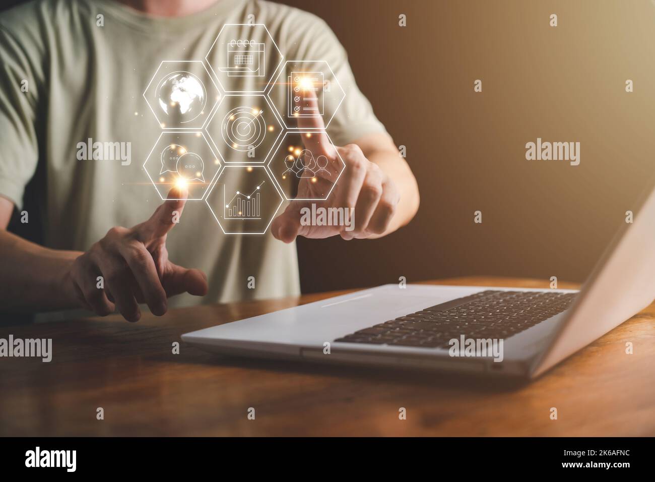 Businessman hand touch for information with hologram via cloud ...