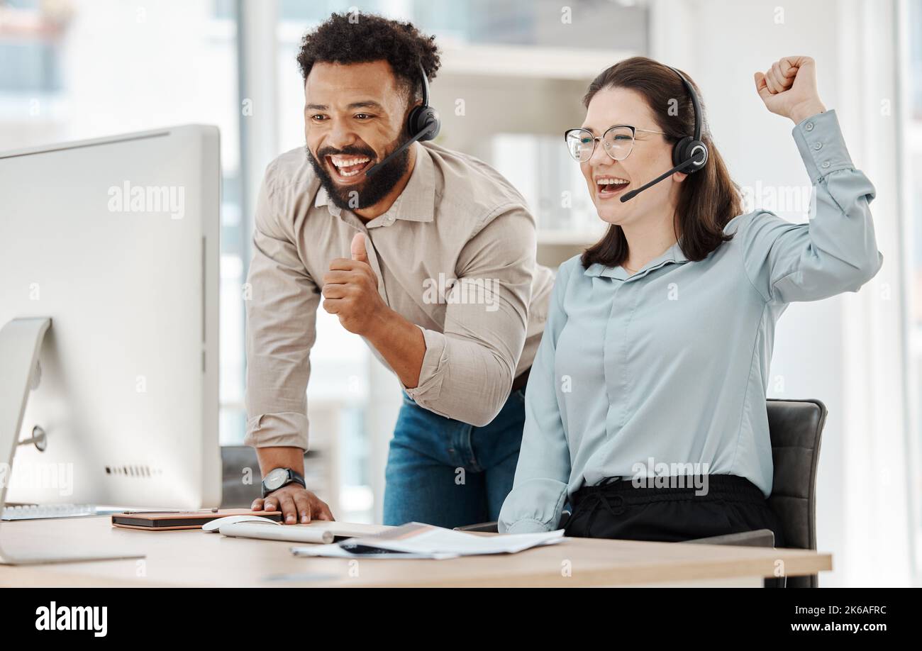 Crm customer support success and internet help workers celebration on a ...