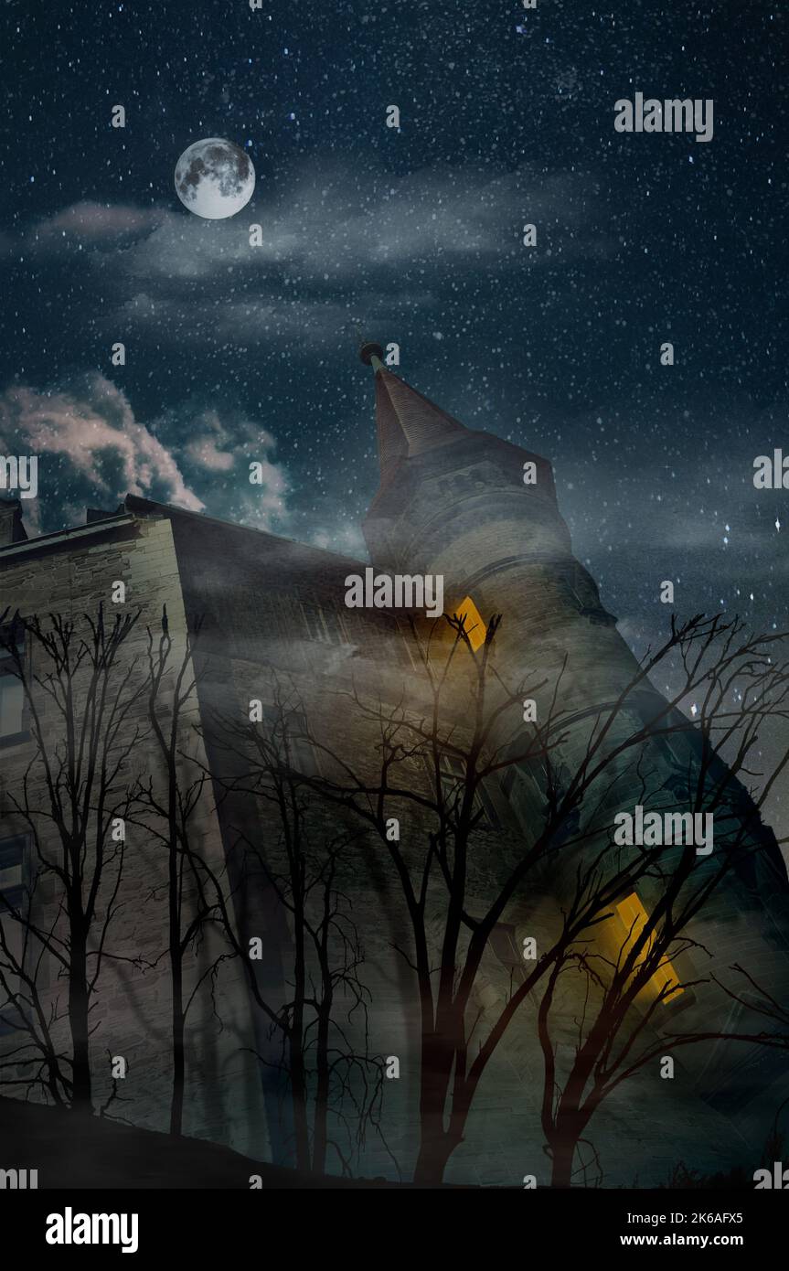 Fantasy, architecture and castle with moon and the night sky for ...