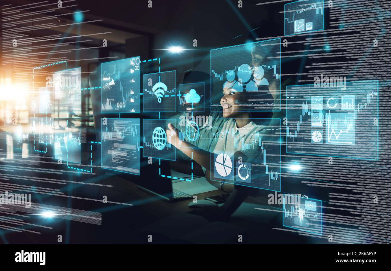 Digital transformation, black people and group networking on computer. Overlay, ai and business ...
