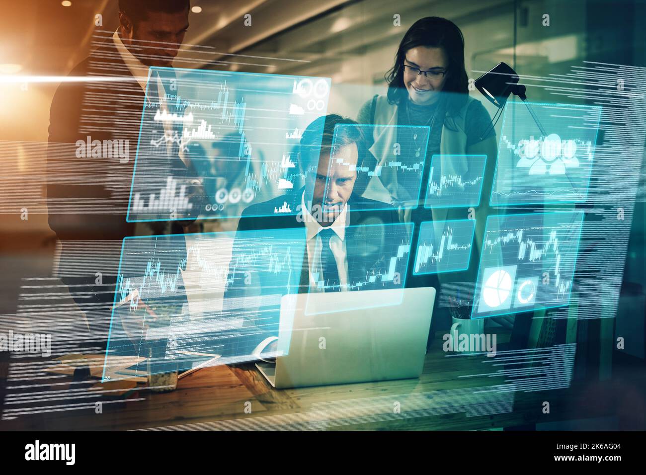 Business people, laptop or 3D networking abstract in night office with digital marketing ...