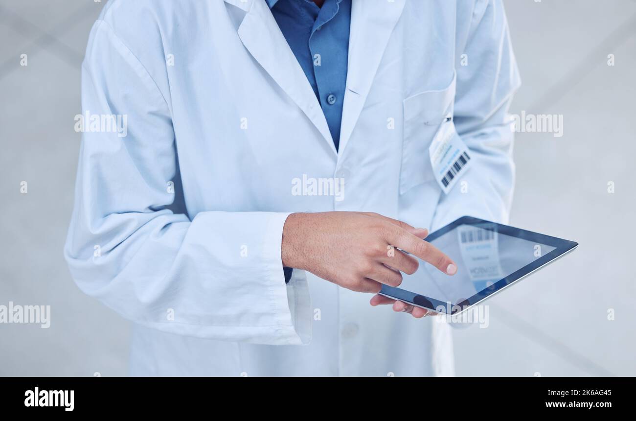 Doctor hands, man and tablet mockup with test data analysis, lab ...