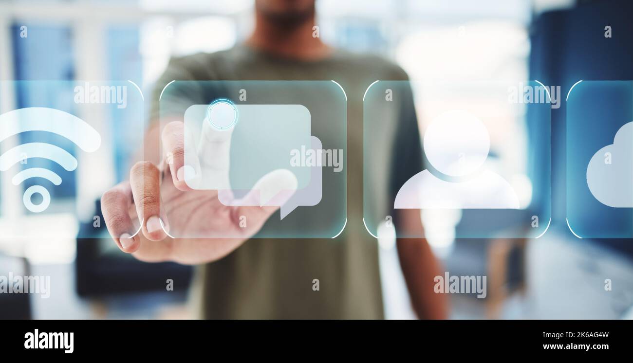 Hand, future and app hologram in digital innovation for business ...