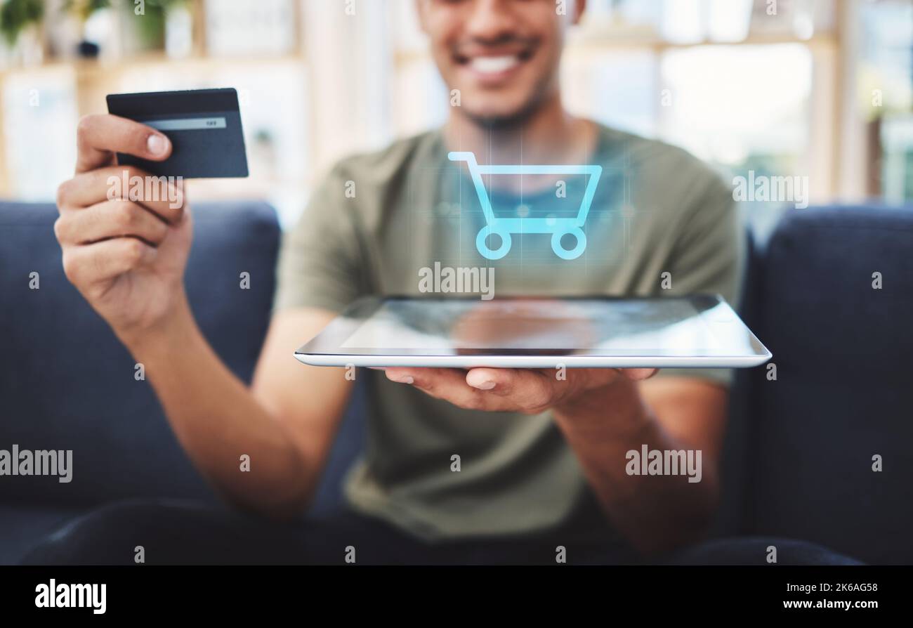 Tablet, credit card or online shopping 3d cart for man in house, home ...