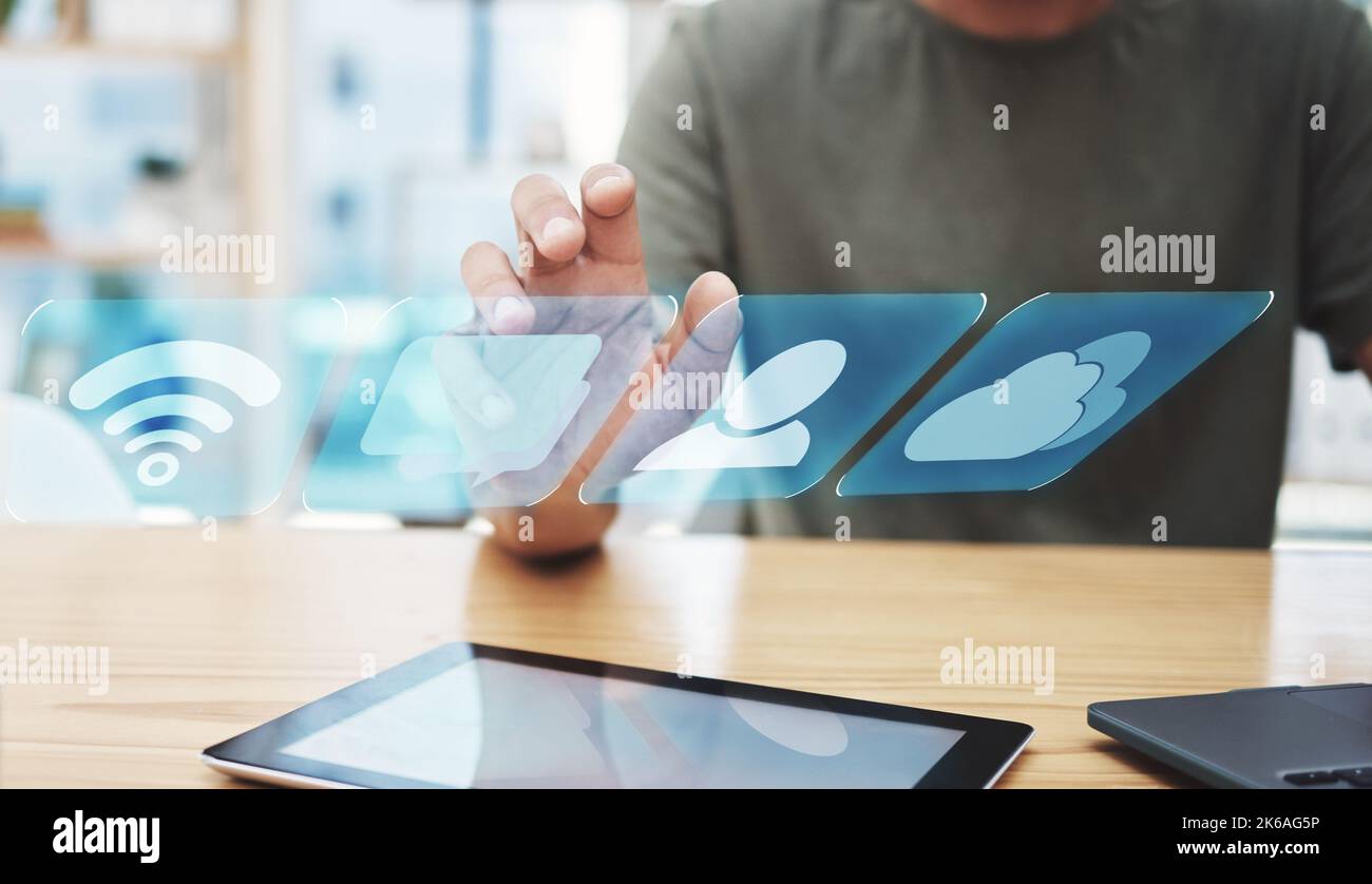 Hand, hologram app and future for communication, connection and ...