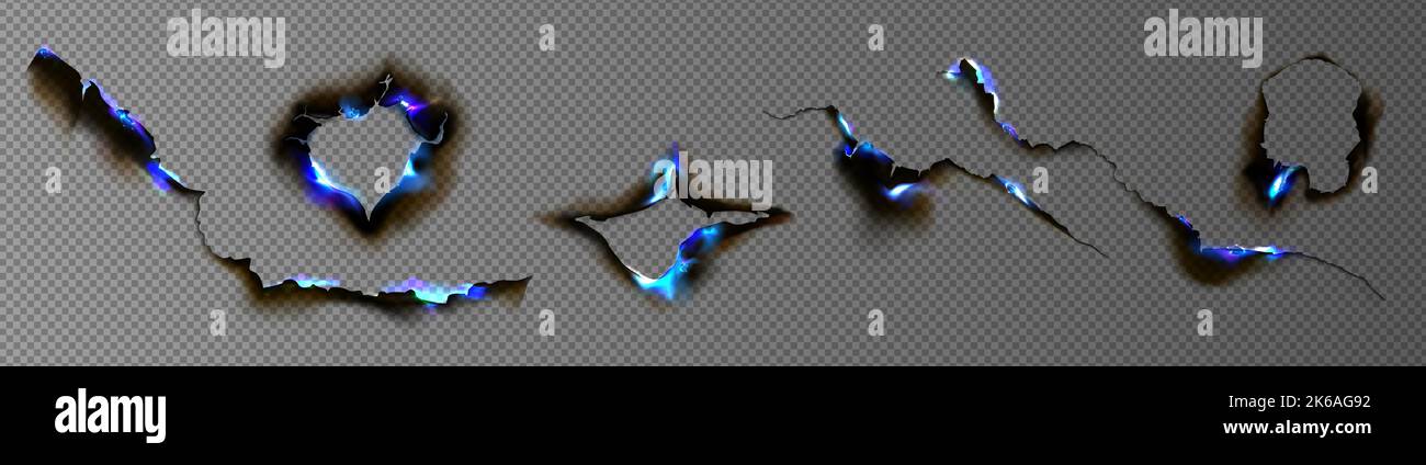 Burnt edges and holes in paper with blue fire and black ash. Borders ...