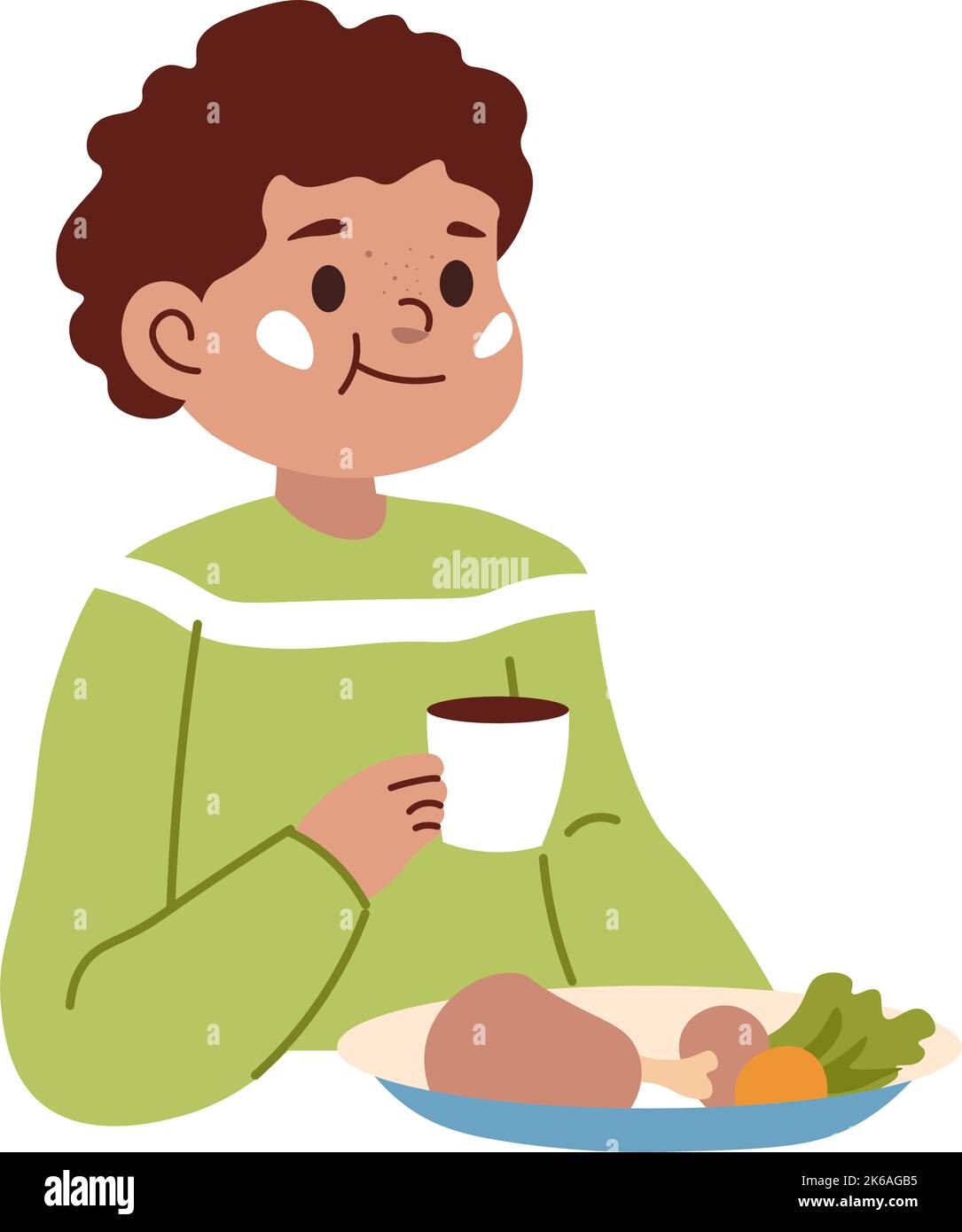 Kid drinking cup of tea and eating sausages vector Stock Vector Image ...
