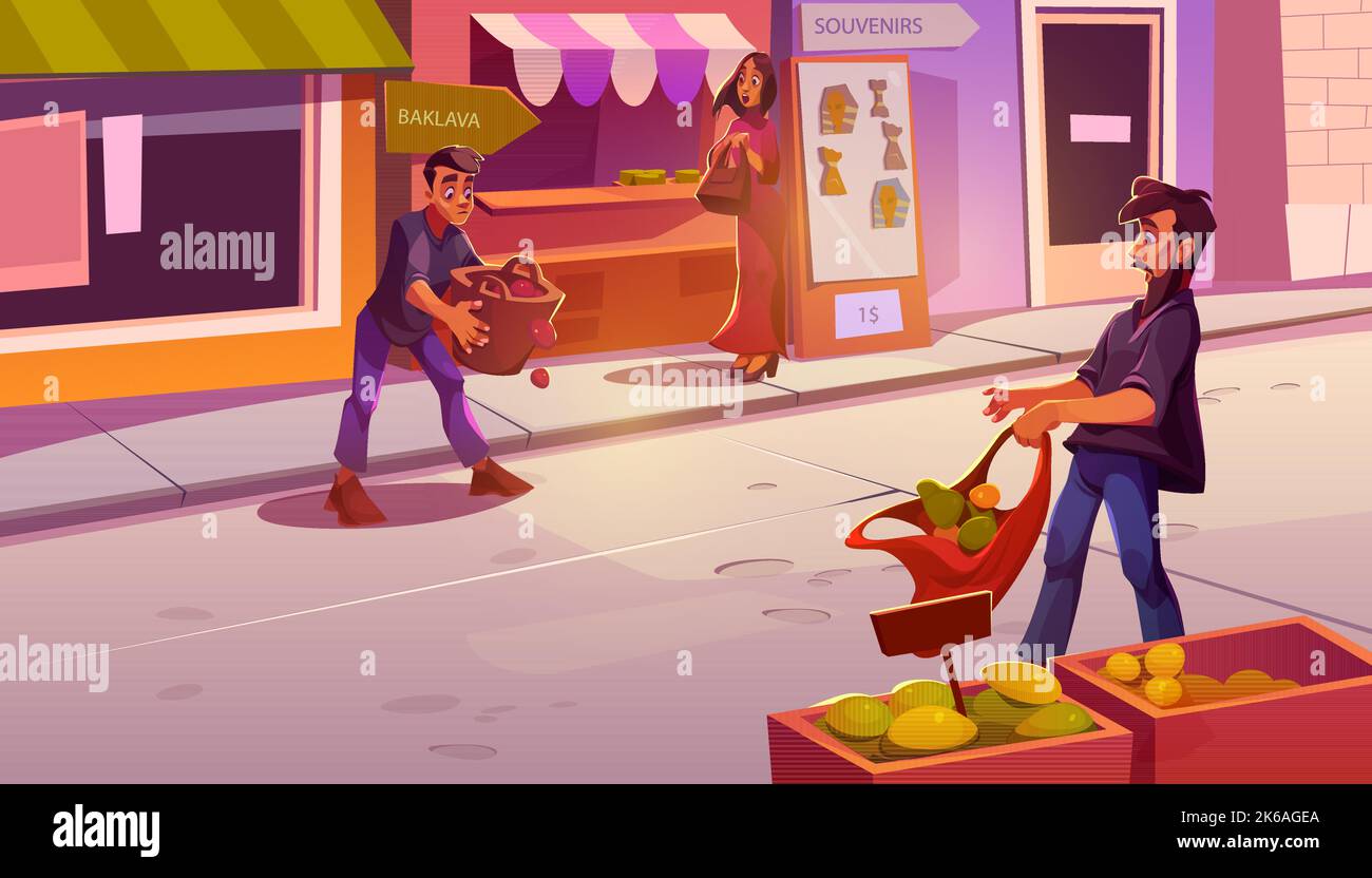 Scene on arabic bazaar with man drops fruits from basket on road ...