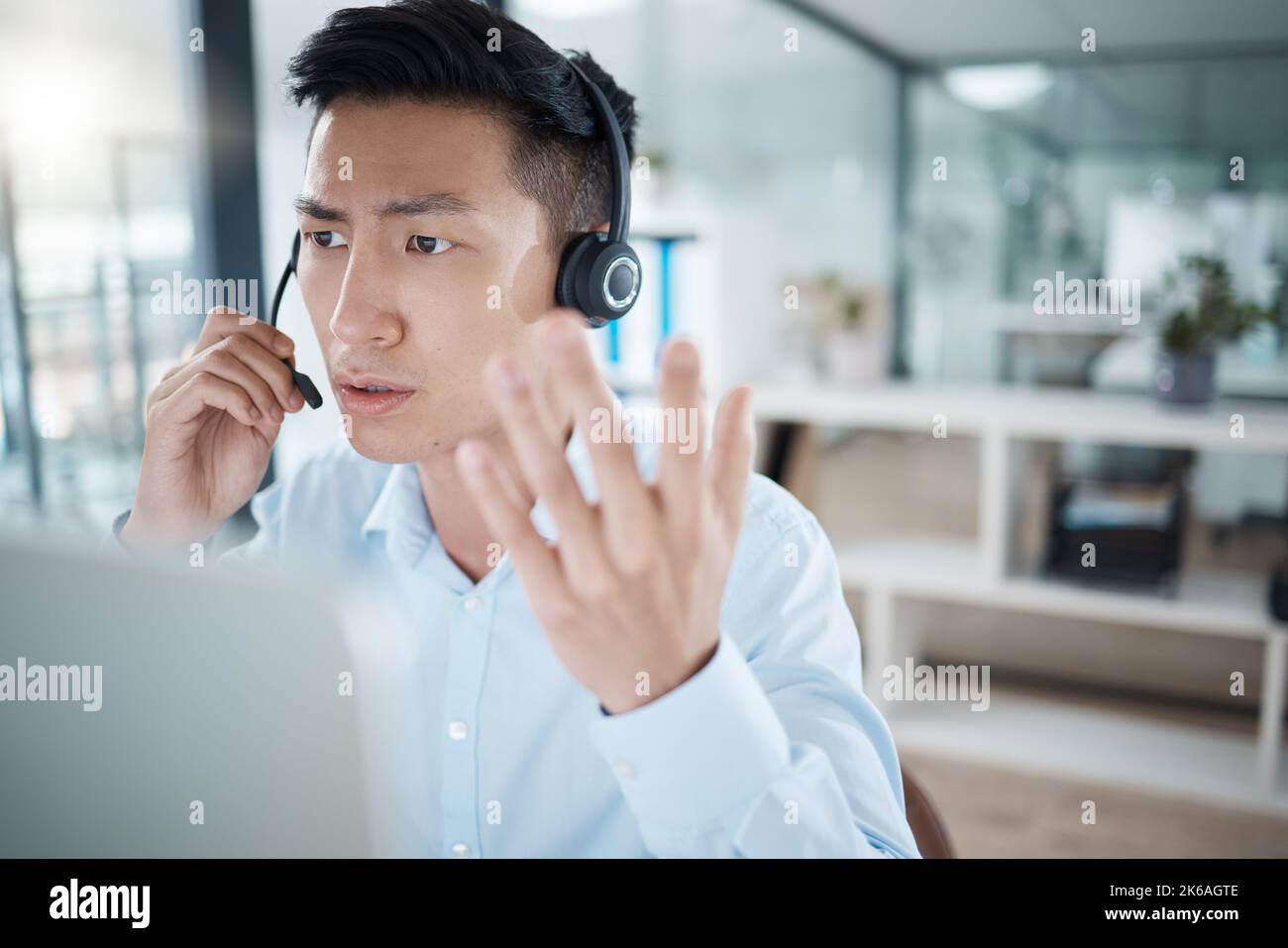 Call center stress, confused man and telemarketing agent anxiety, doubt ...