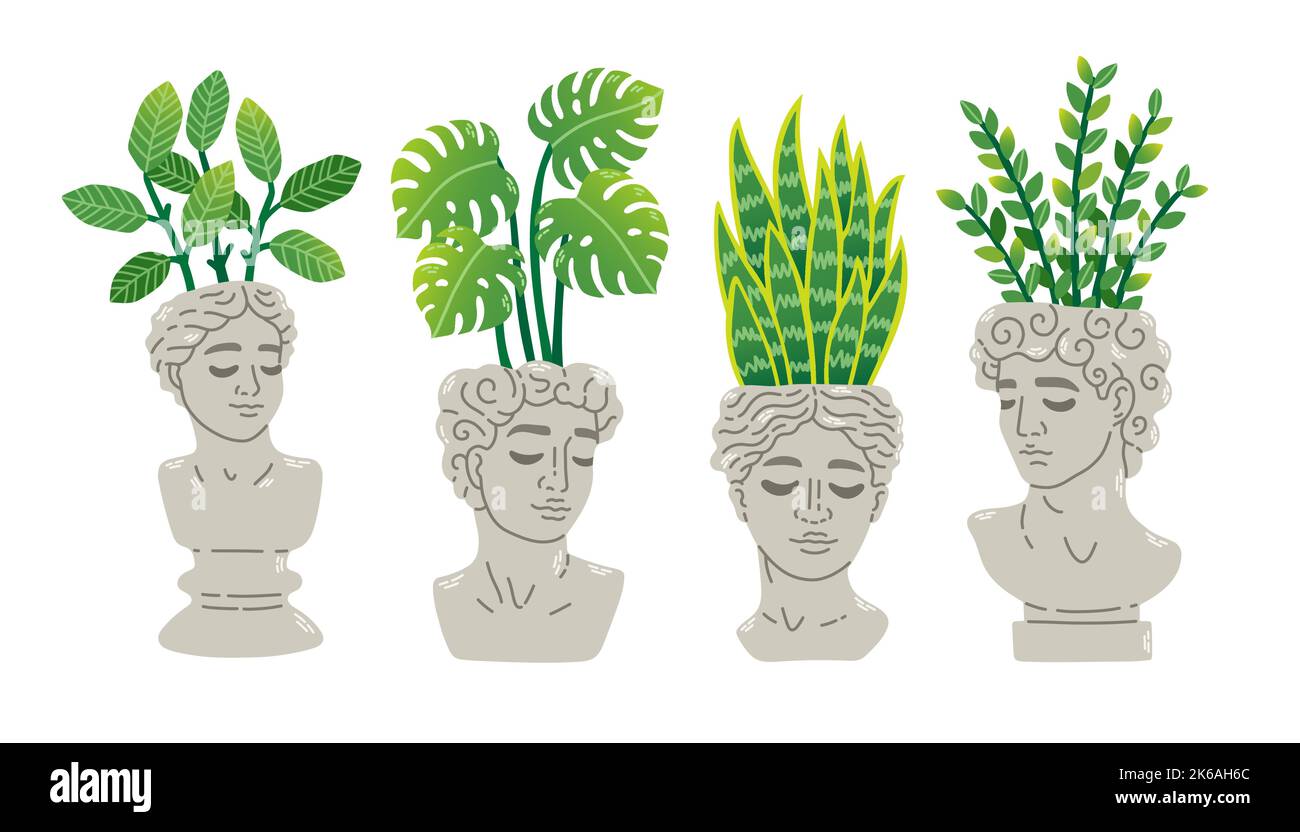 Trendy collection of home plants in statue heads flowerpots pack icons ...