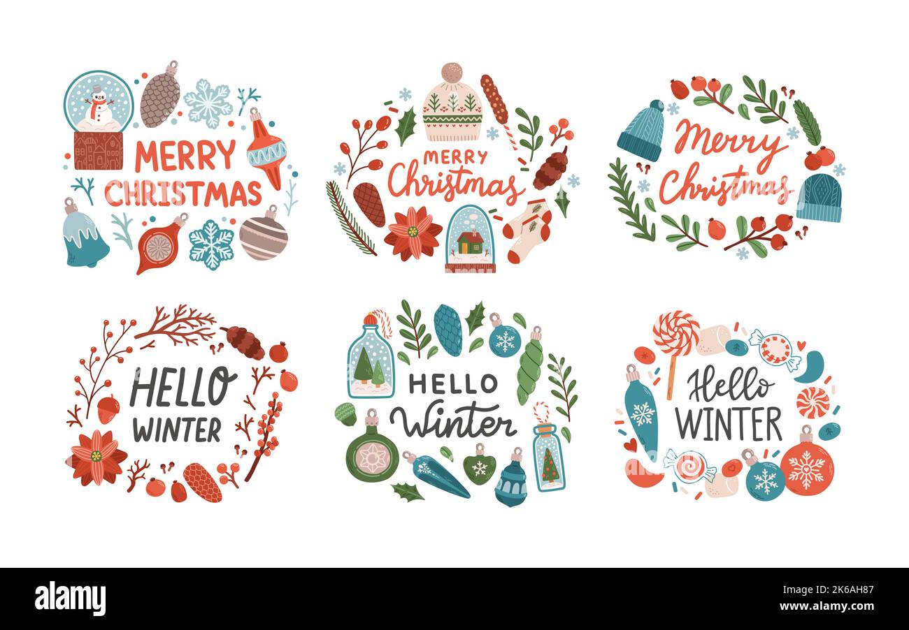 Merry Christmas with wreath hello winter lettering isolated flat design ...