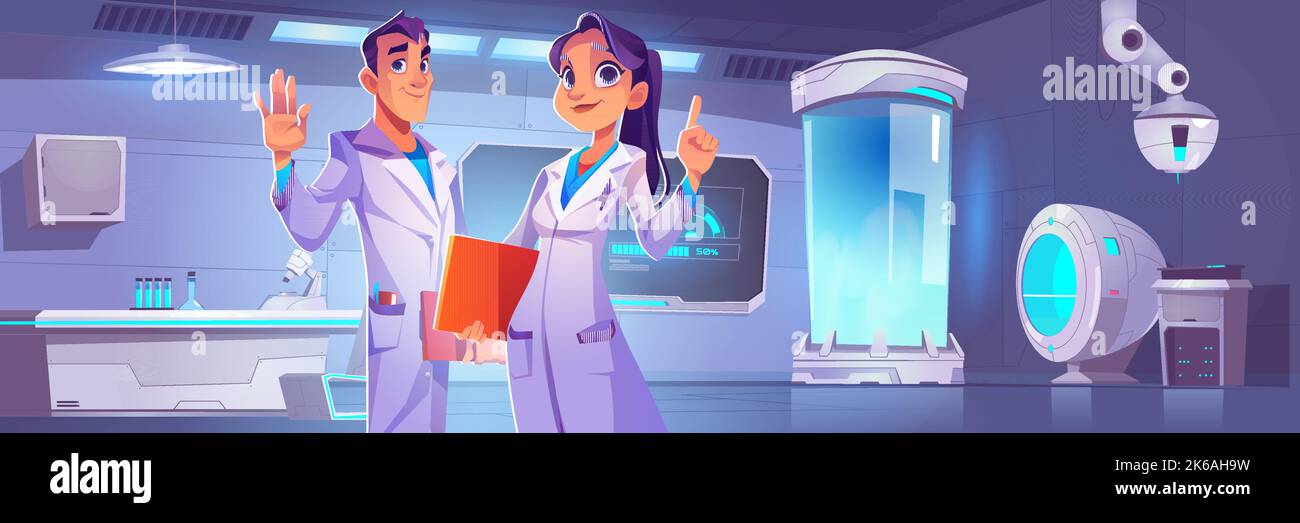 Scientists or doctors in futuristic laboratory. Medicine stuff male and ...