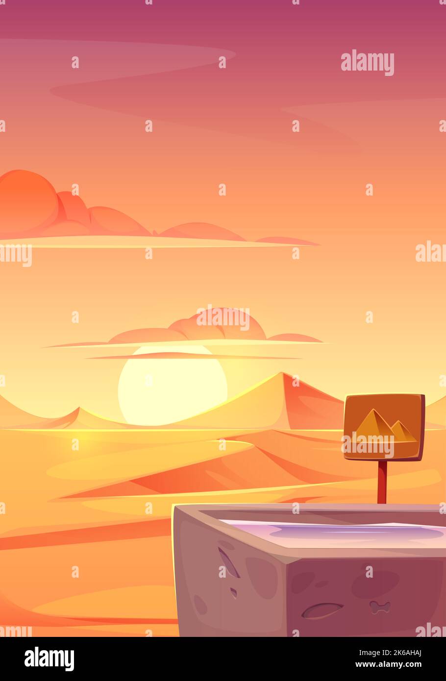 Desert landscape with golden sand dunes, stone drinker with water for ...